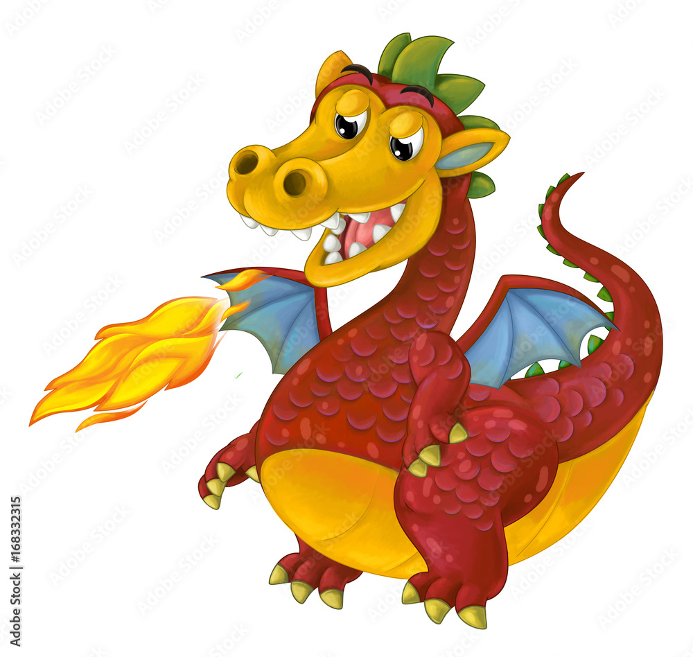 cartoon funny looking dragon bursting with fire - isolated ...