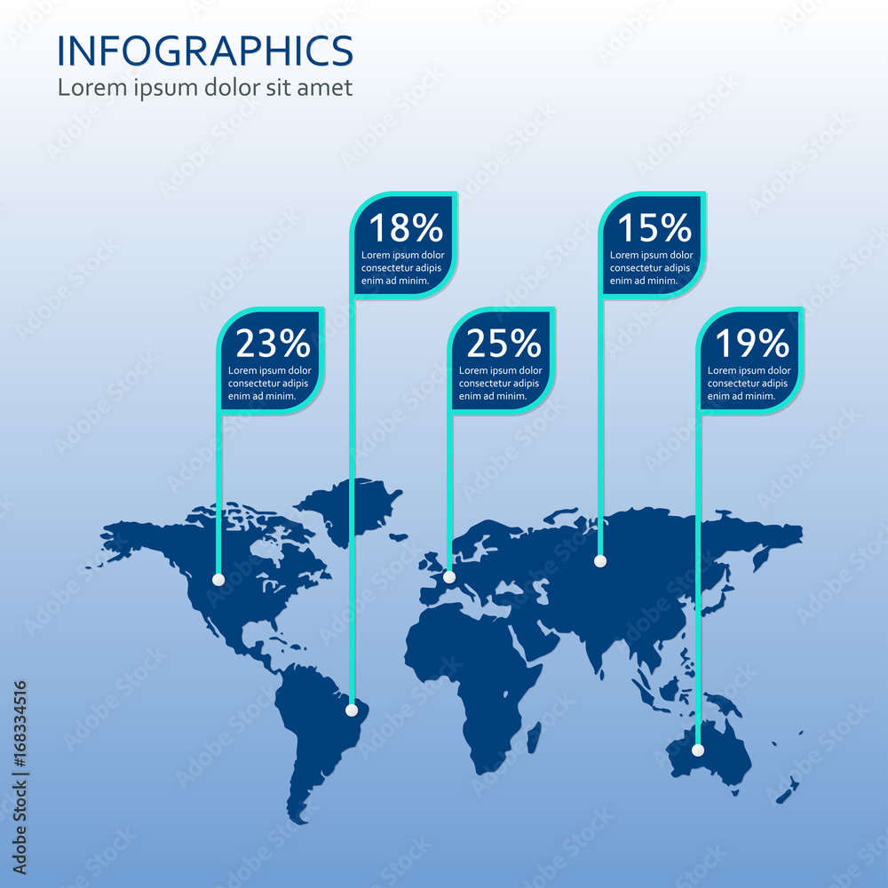 World map Infographics template with step by step percent pointers ...