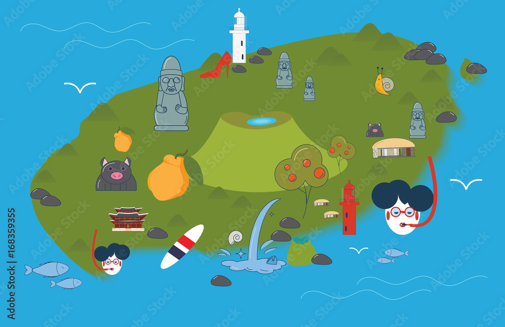 Jeju island map in a cartoon style. Jeju-do map with various Jeju ...
