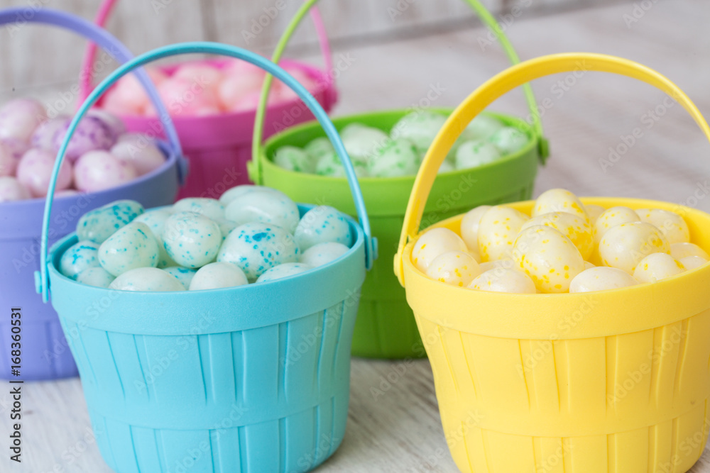Pastel Jelly Beans in Colored Baskets for Easter Close Up Stock Photo ...