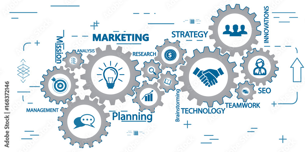 Marketing mechanism concept. Abstract background with connected gears ...