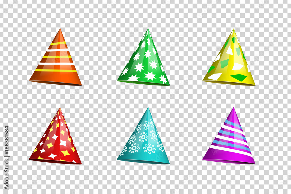Vector set of realistic isolated party hats on the transparent ...