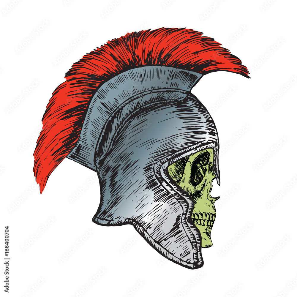 Skull in helmet of the Roman Legionnaire, hand drawn doodle, sketch in ...