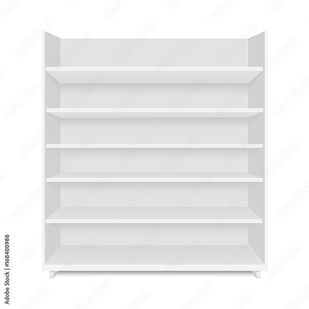 Blank empty showcase display with retail shelves. Front view. Vector ...