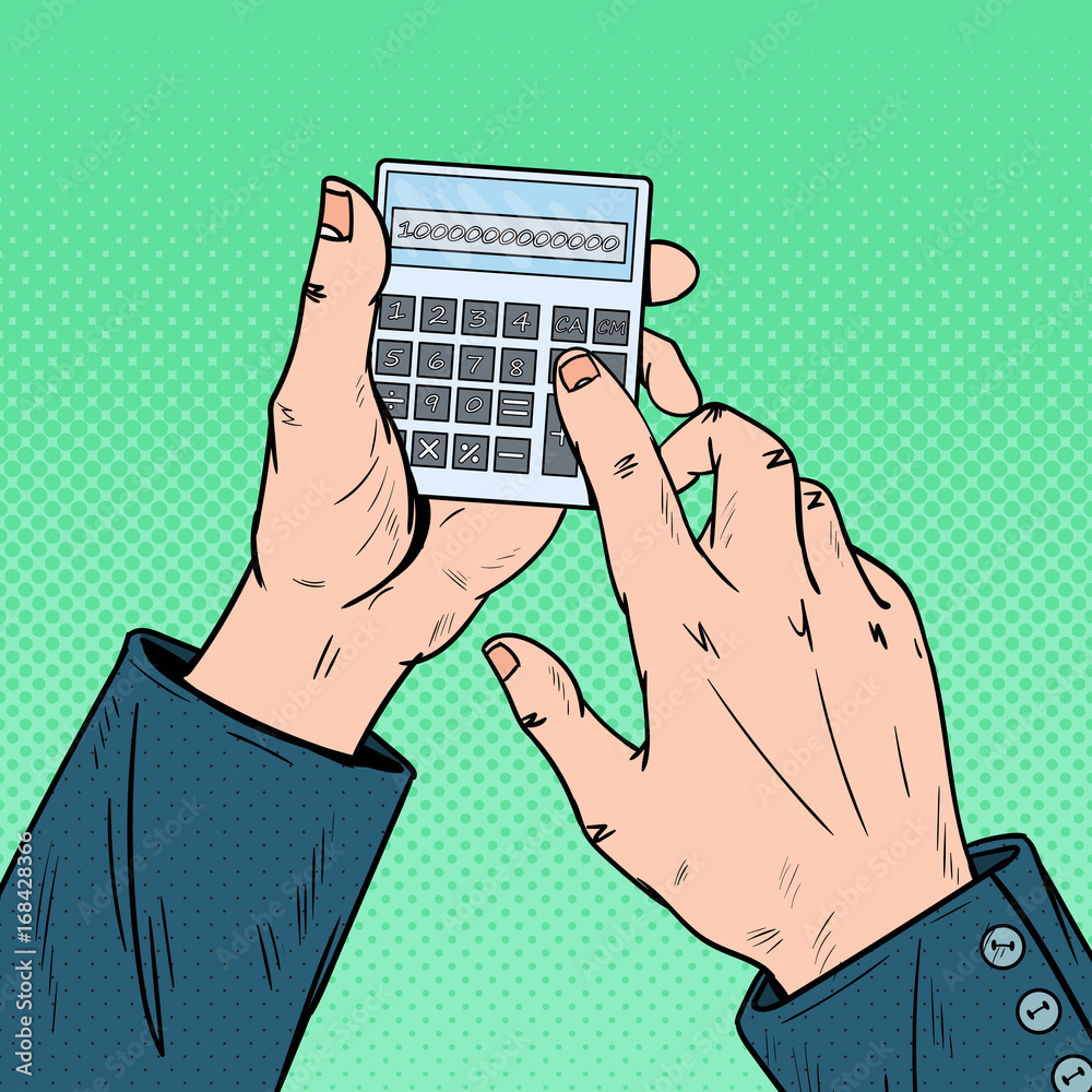 Pop Art Male Hands Using Calculator. Calculating Mathematics. Vector ...