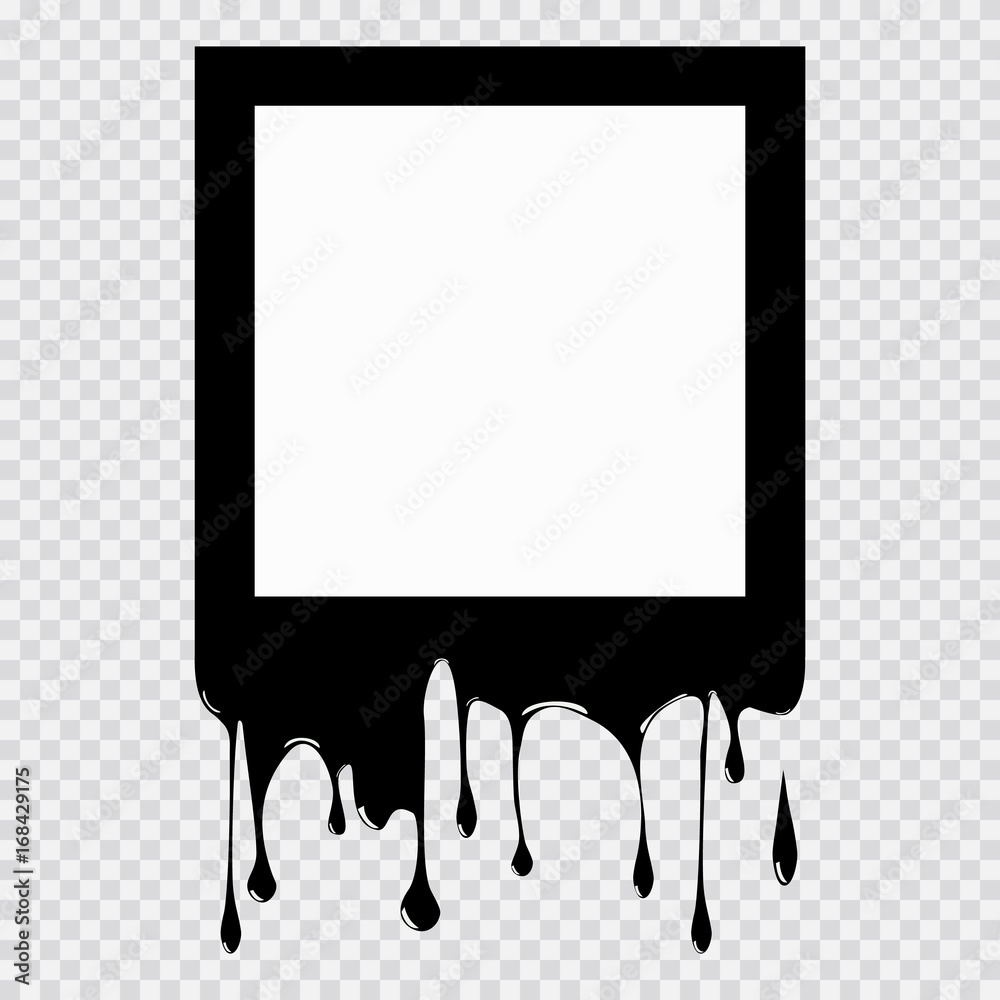 Black square frame dripping with black ink on checkered grey paper ...