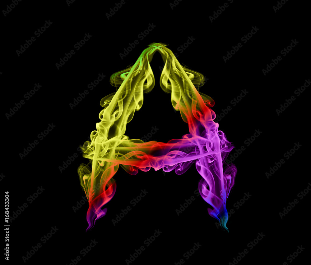 Smoke, rainbow color, letter A, black background Stock Illustration ...
