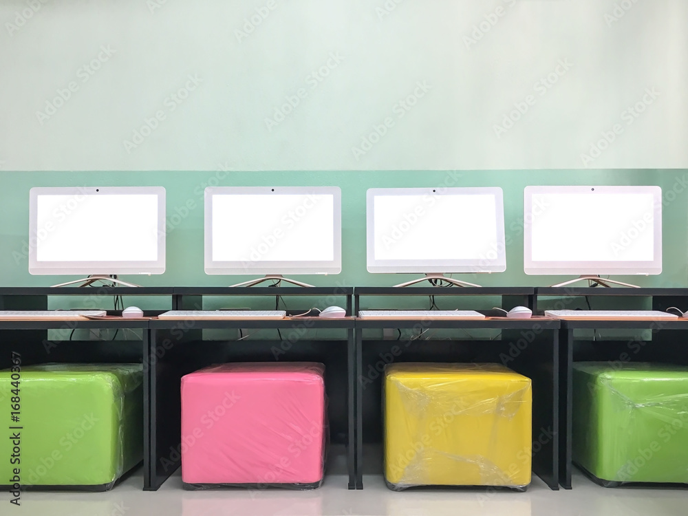 Blank screen of monitor in a school computer lab Stock Photo | Adobe Stock