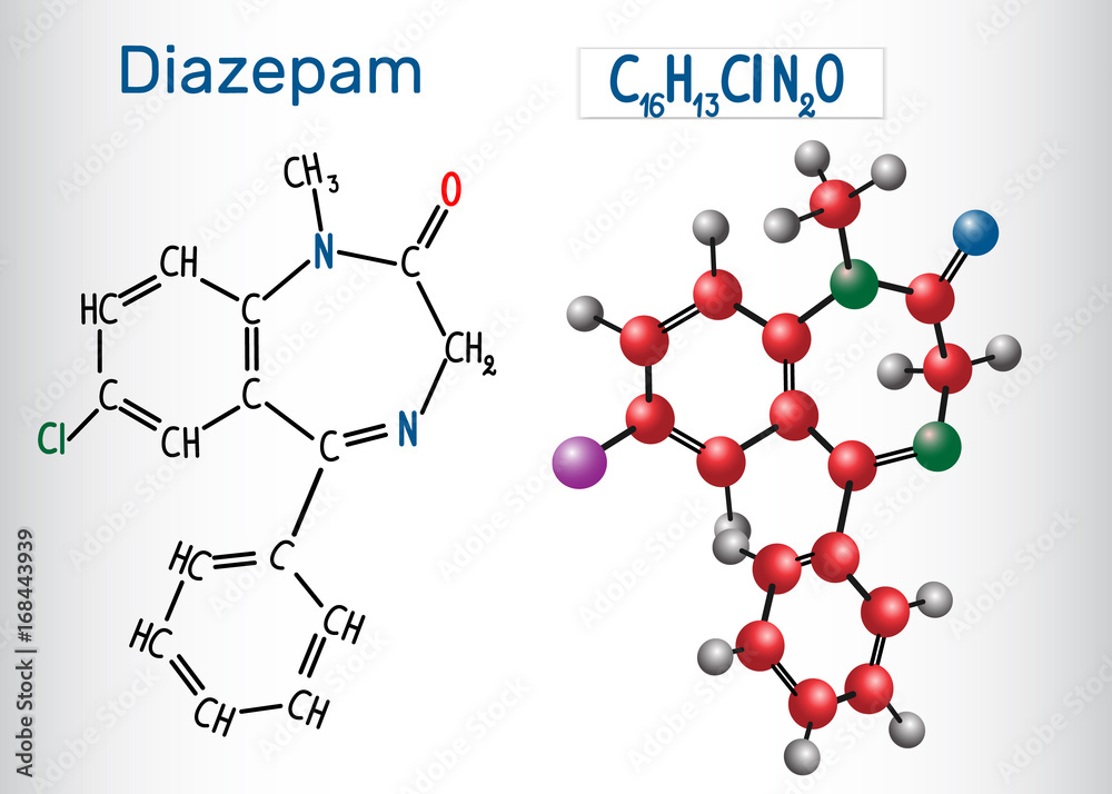 Diazepam Molecule Structural Chemical Formula And Model Stock Vector