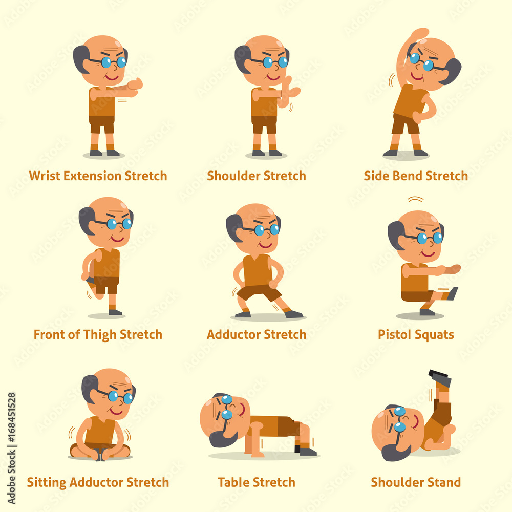 Cartoon set of an old man doing exercises for health and fitness Stock ...
