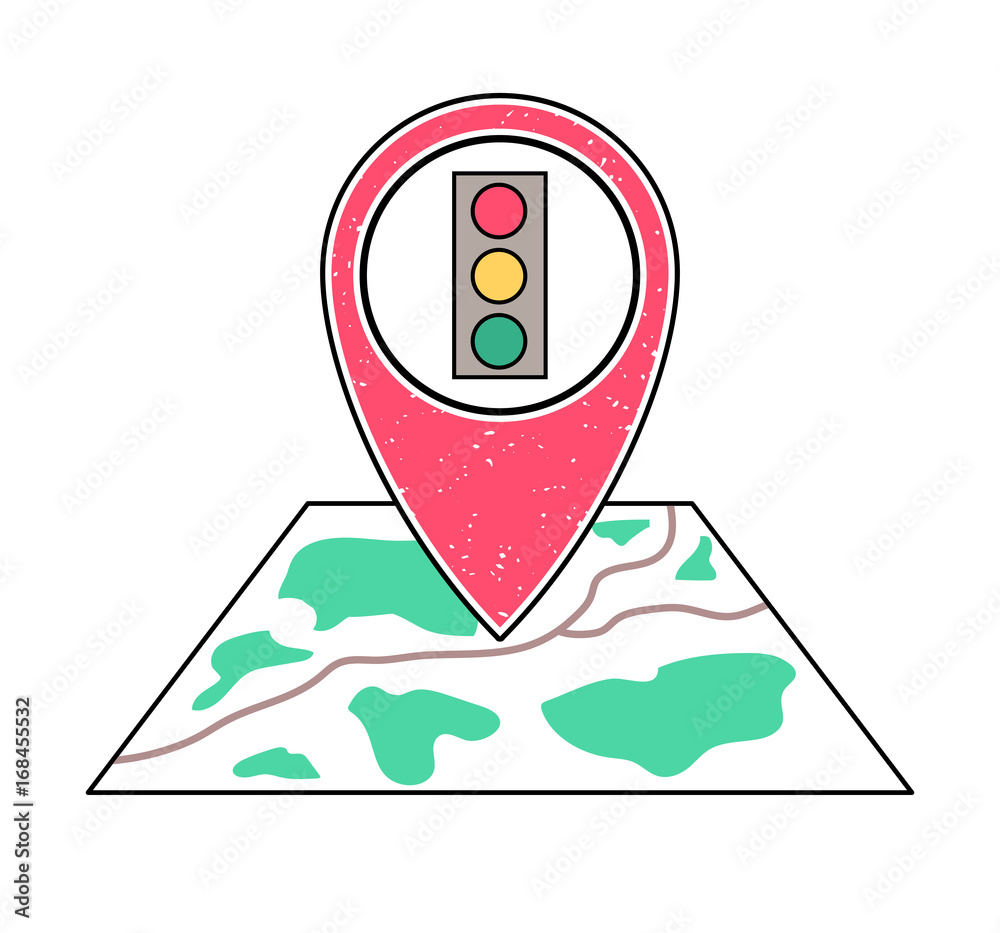 Textured red geotag, traffic light symbol pointing at a map.GPS ...
