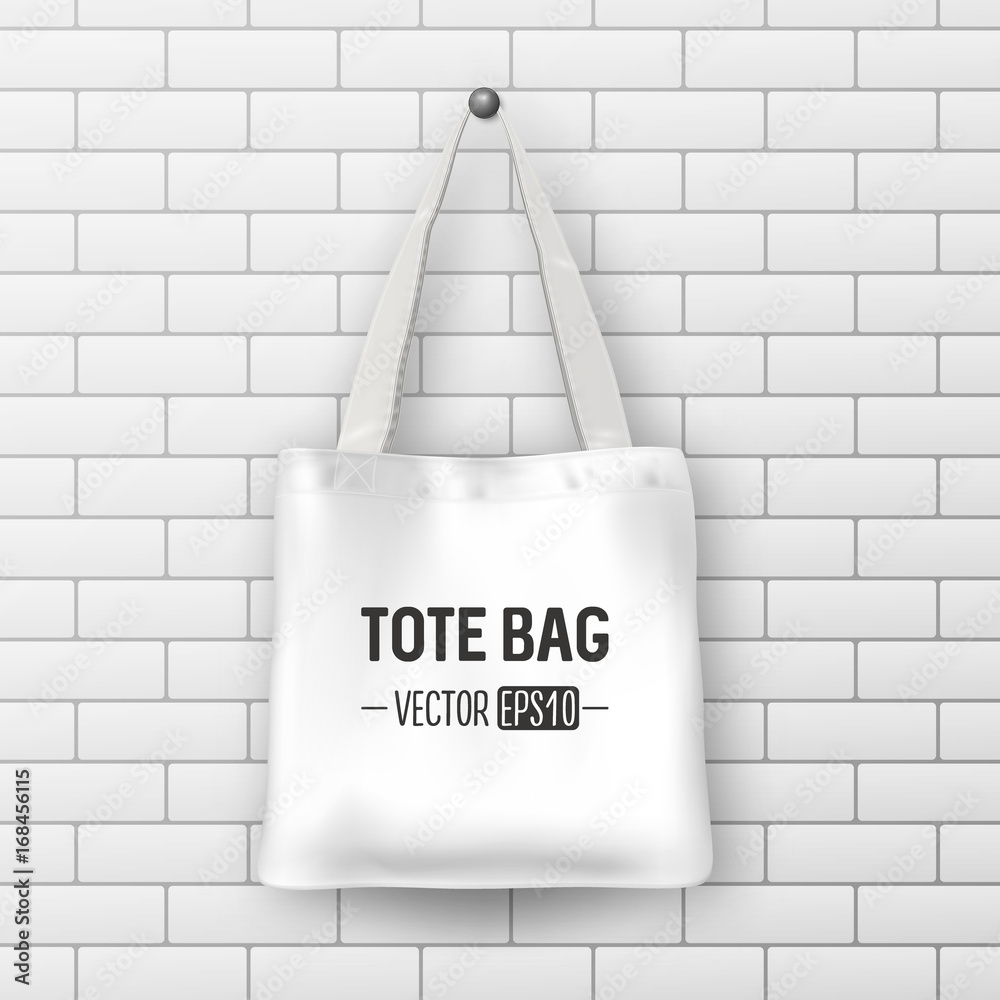 Realistic vector white textile tote bag. Closeup on brick wall ...