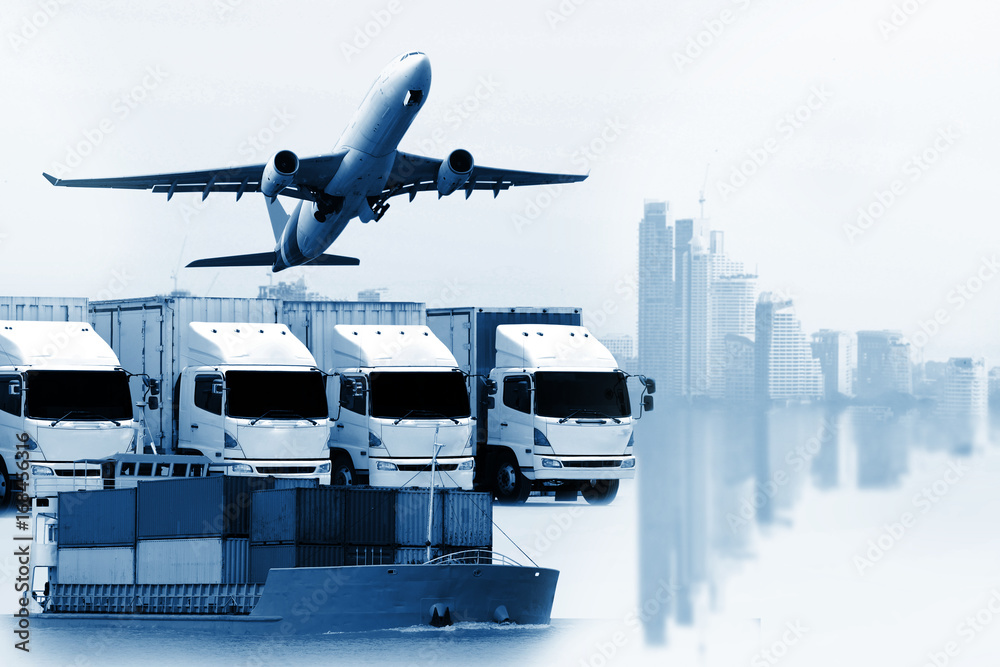 .Shipping, delivery car, ship, plane transport on city background ...