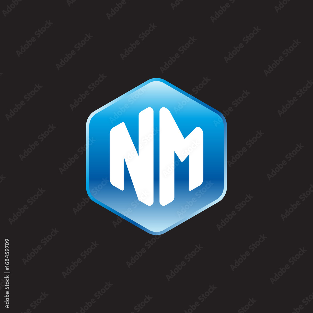 Initial letter NM, modern glossy hexagon logo, gradient blue color on ...