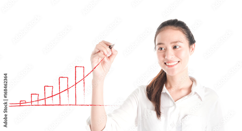 Beautiful young Asian girl confidently drawing graph and chart isolated ...