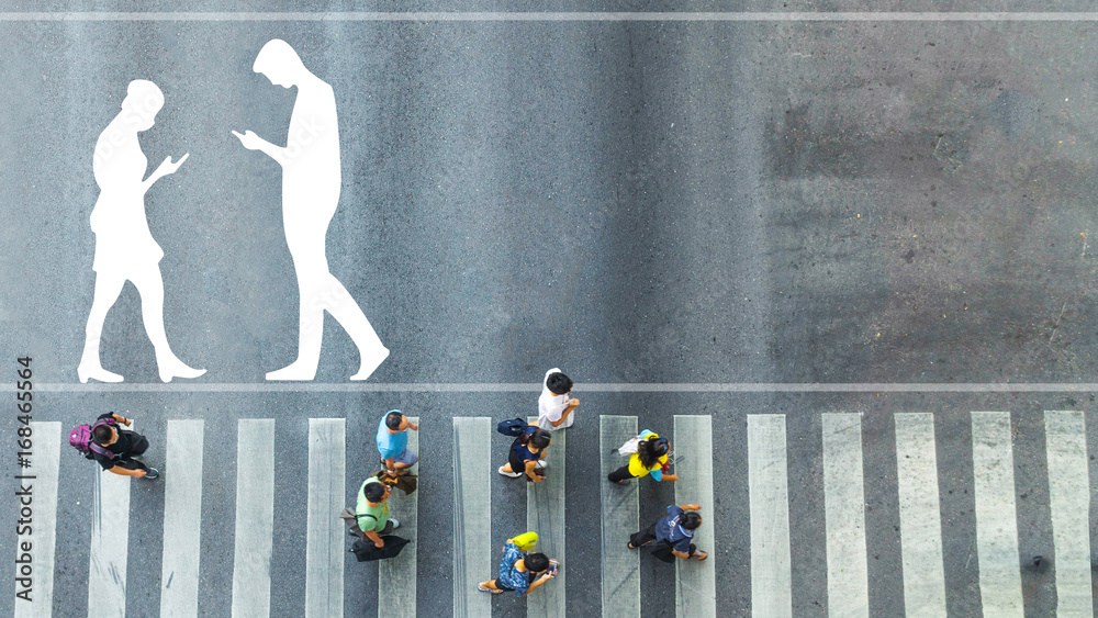 the top view of group people walk on crosswalk pedestrian walkway with ...