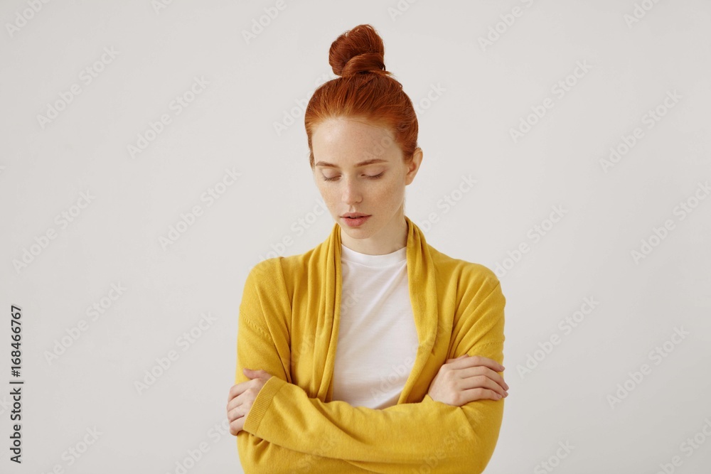 Human facial expressions and body language. Indoor isolated portrait of ...