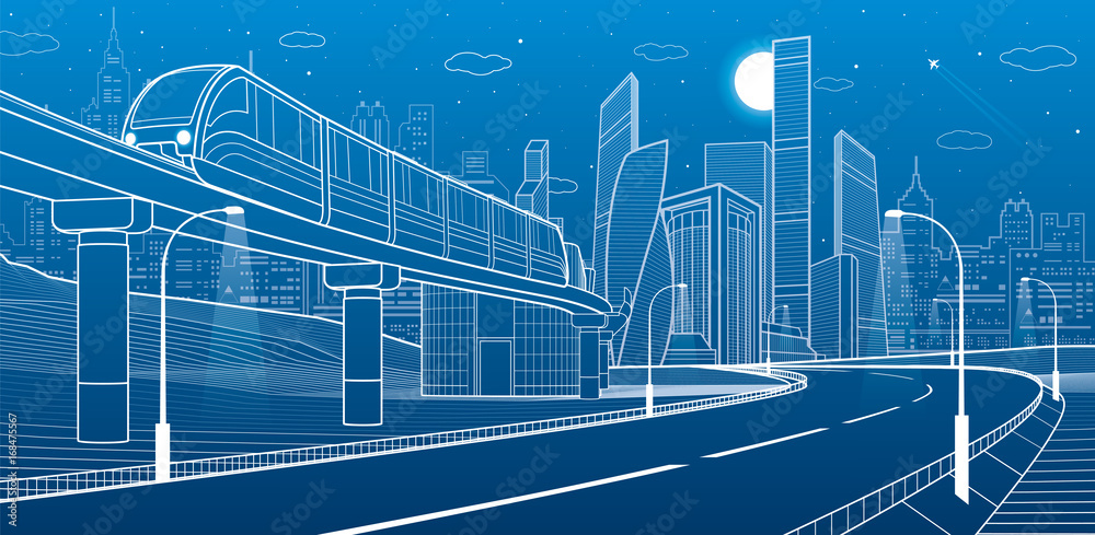 City infrastructure and transport illustration. Monorail railway. Train ...