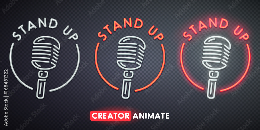 Stand Up neon sign. Creator animate. Isolated logo. Stock Vector ...