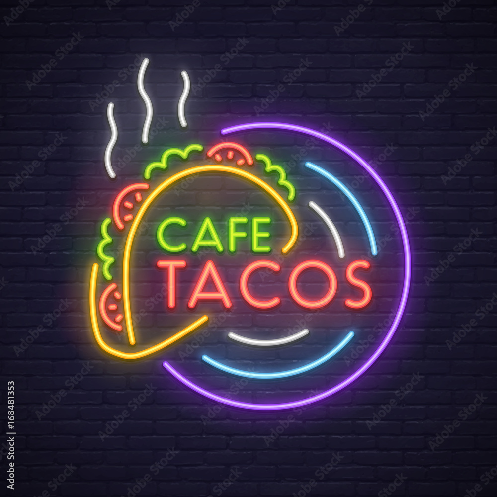 Tacos neon sign, bright signboard, light banner. Tacos logo, emblem ...