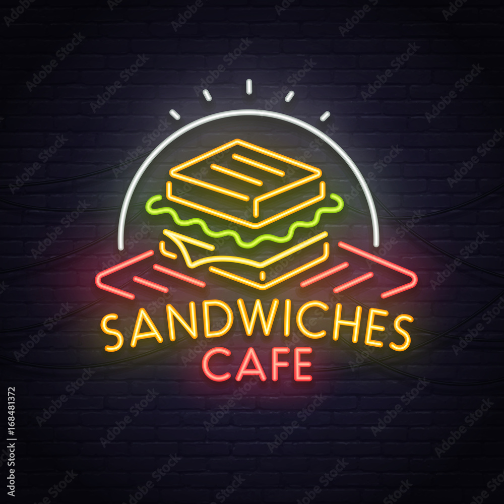 Sandwich neon sign, bright signboard, light banner. Logo, emblem Stock ...