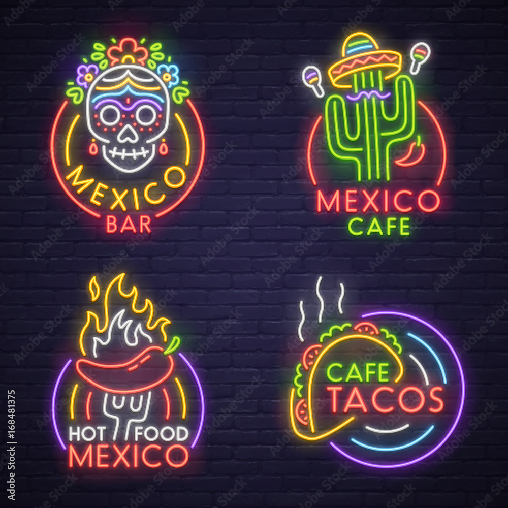 Set neon sign theme Mexico. bright signboard, light banner. Mexico food ...