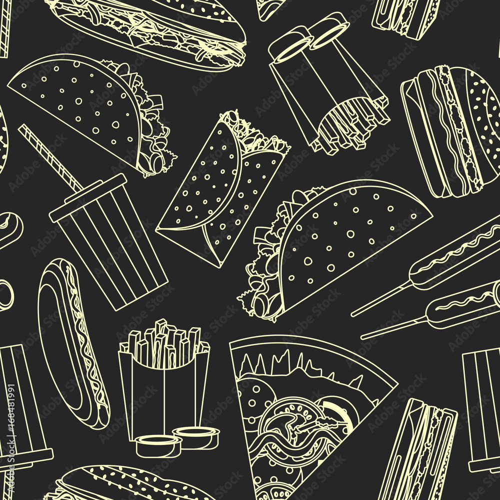 Nice monochrome outline fast food seamless pattern, yellow line ...