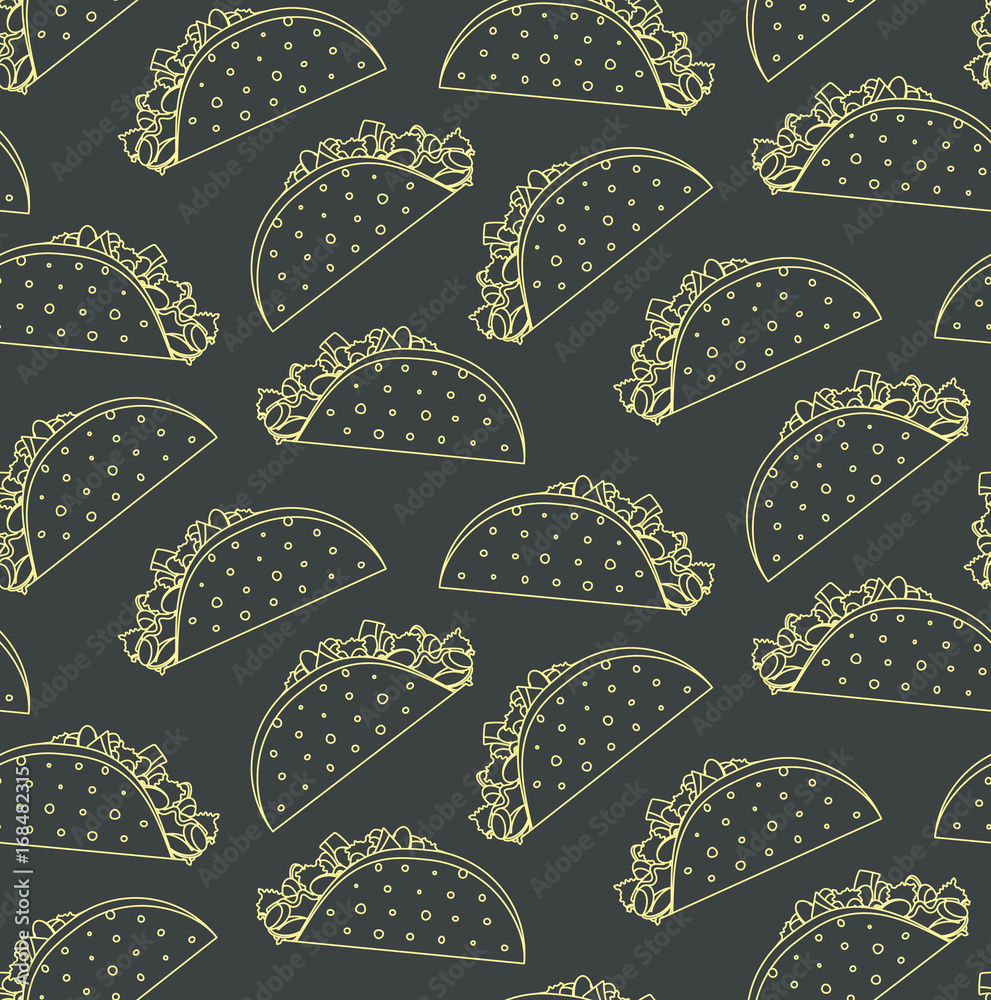 Seamless pattern with mexican fast food outline taco on black ...