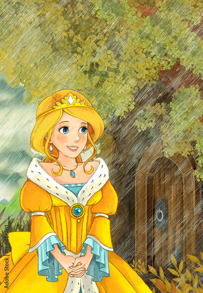 Cartoon fairy tale scene with a young girl princess going to the tree ...