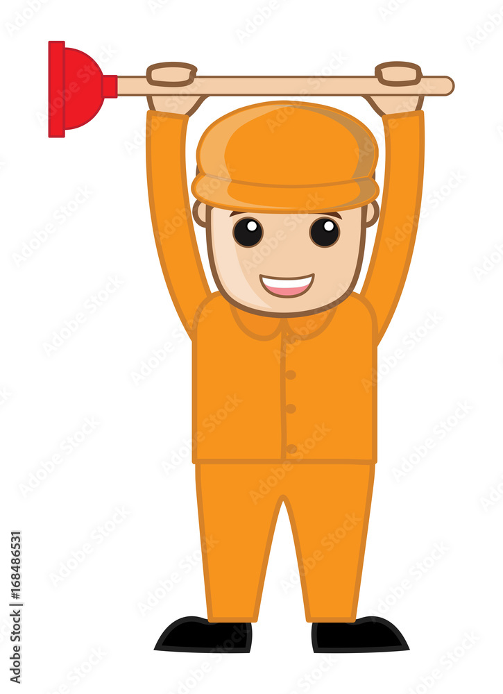 Cartoon Man Holding Plunger Vector Stock Vector | Adobe Stock