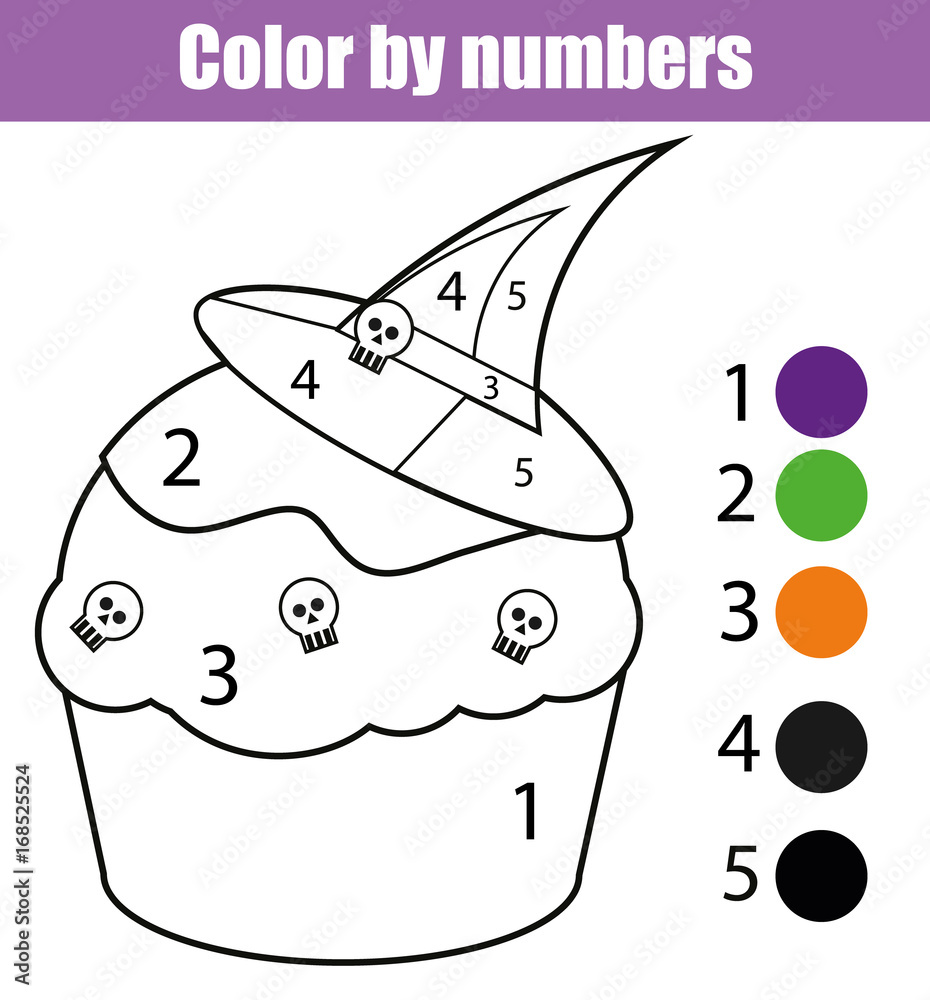 Coloring page with Halloween cupcake. Color by numbers educational ...