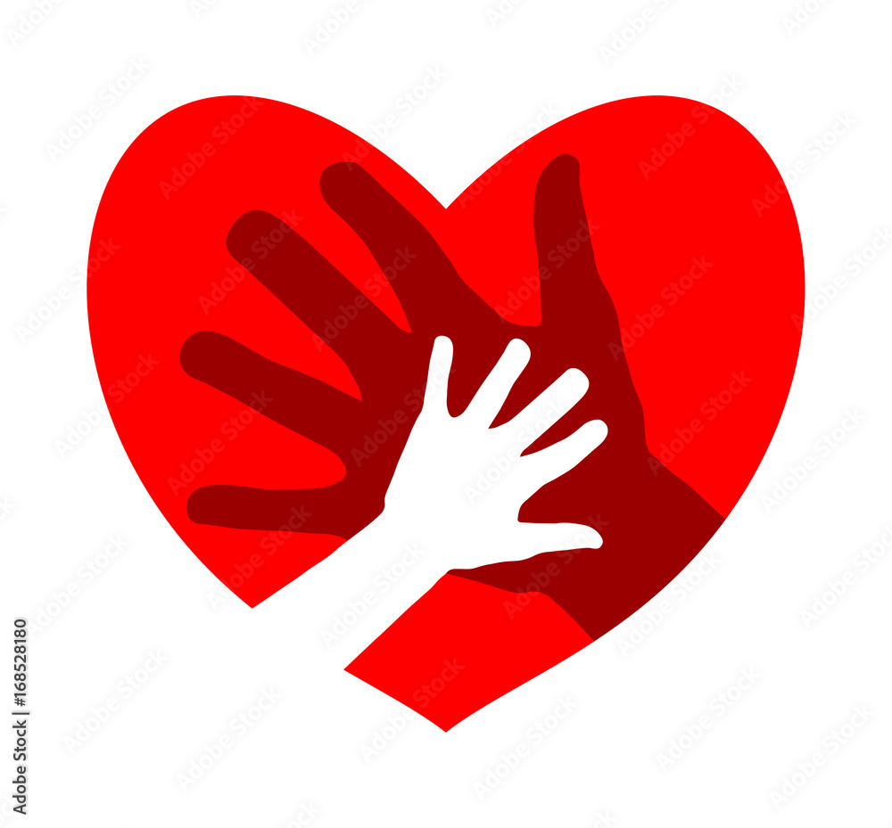 heart design with child and mother hands, family concept over white ...