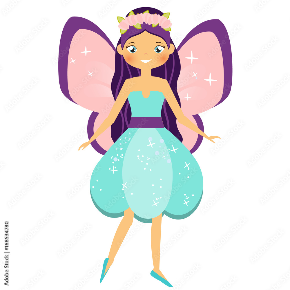 Beautiful flying fairy character with pink wings and purple hair ...