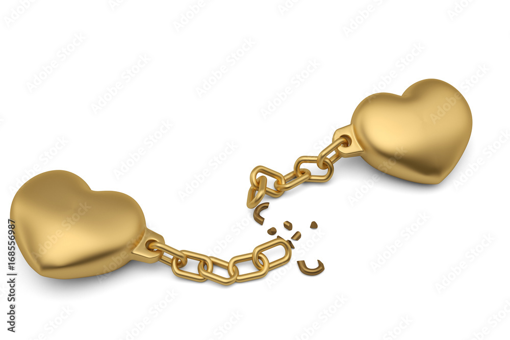 Two gold hearts with broken chains on white background.3D illustration ...