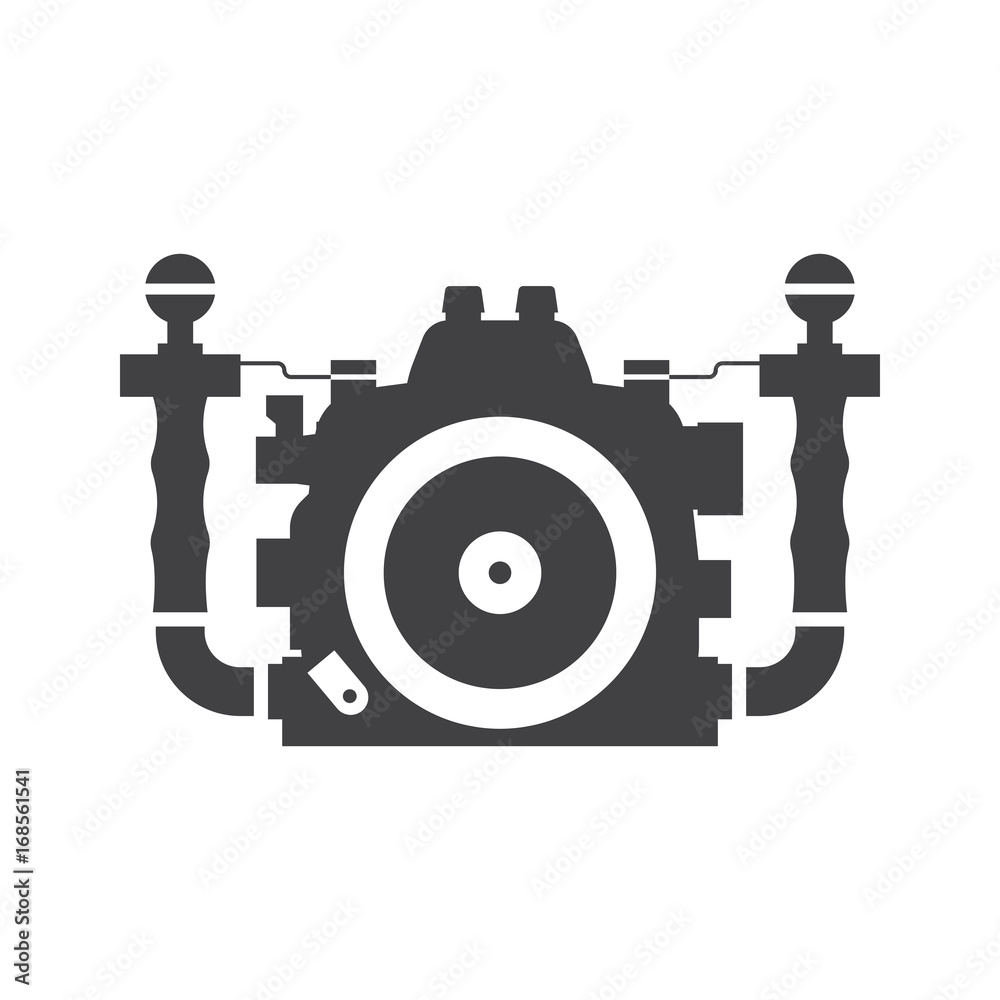 Waterproof underwater camera vector icon. DSLR in water box silhouette ...