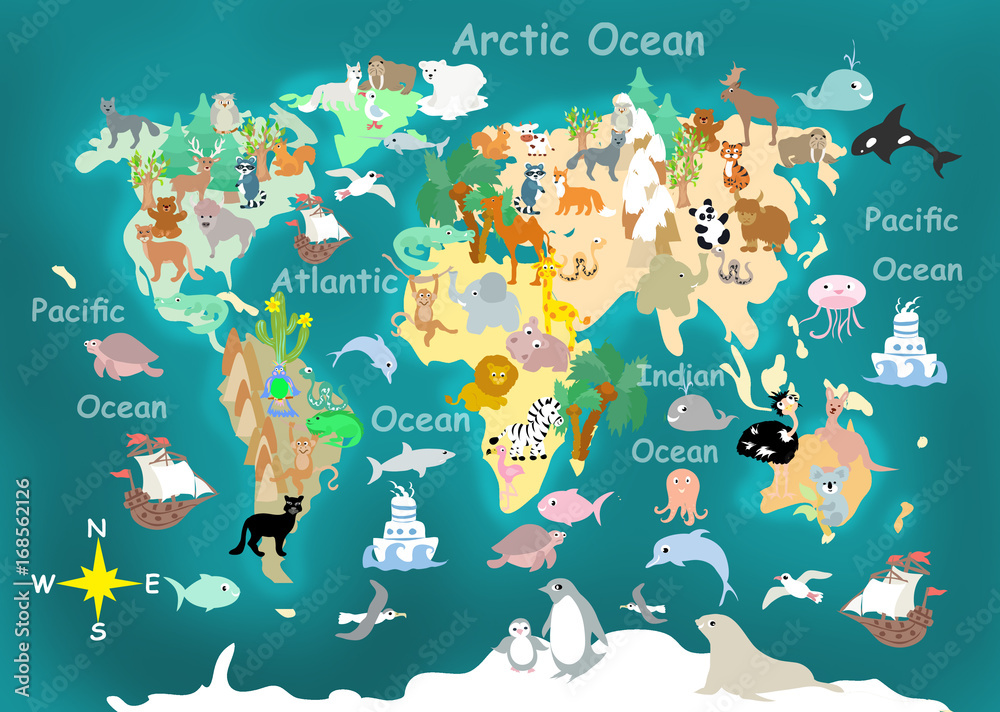 Fototapeta mapa świata dla dzieci Płaski świat zwierząt kreskówkowa ...