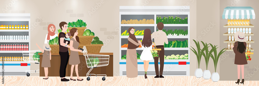 grocery shopping place interior illustration of busy supermarket with ...