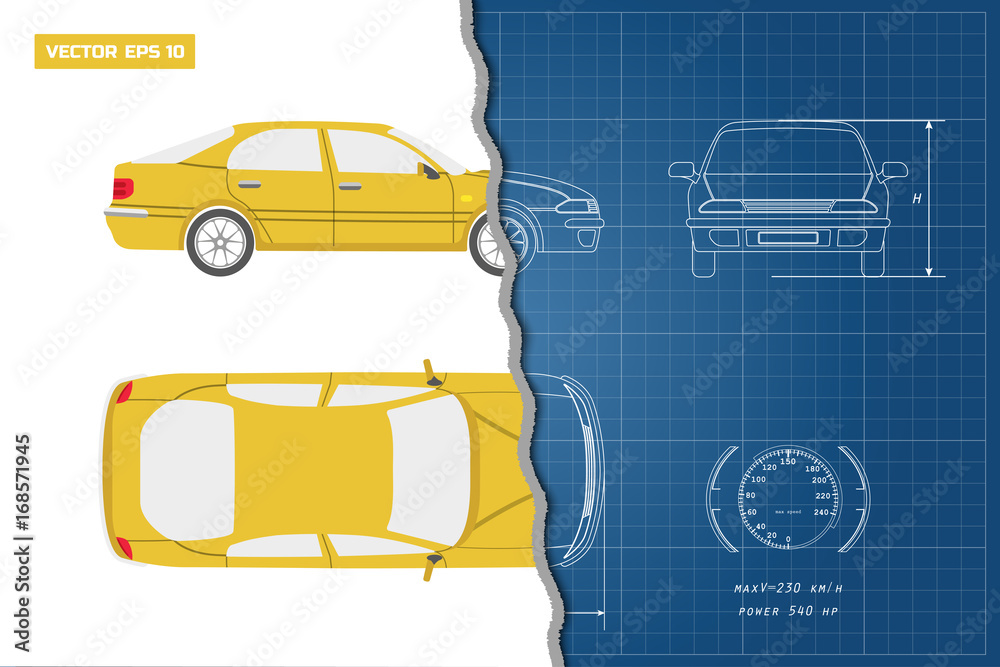 Drawing of the car on a blue background. Top, front and side view ...