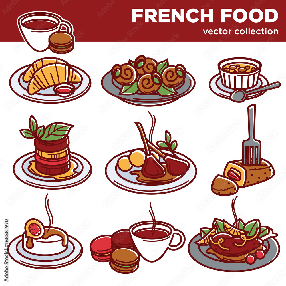French cuisine food dishes for restaurant menu vector icons Stock ...