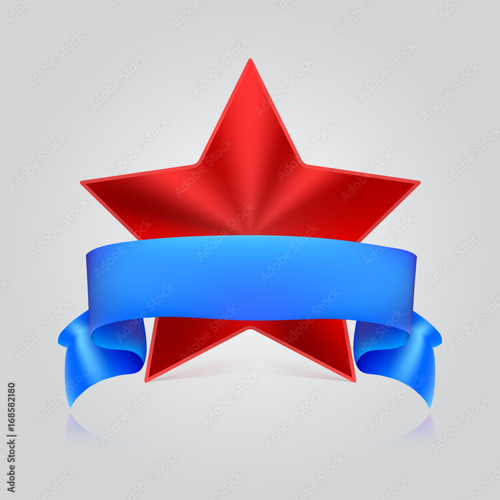 Metal red star label with blue ribbon on white background. Symbol of ...