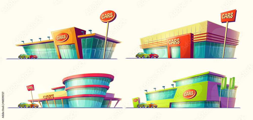 Set of vector cartoon illustrations, various buildings, car sale ...