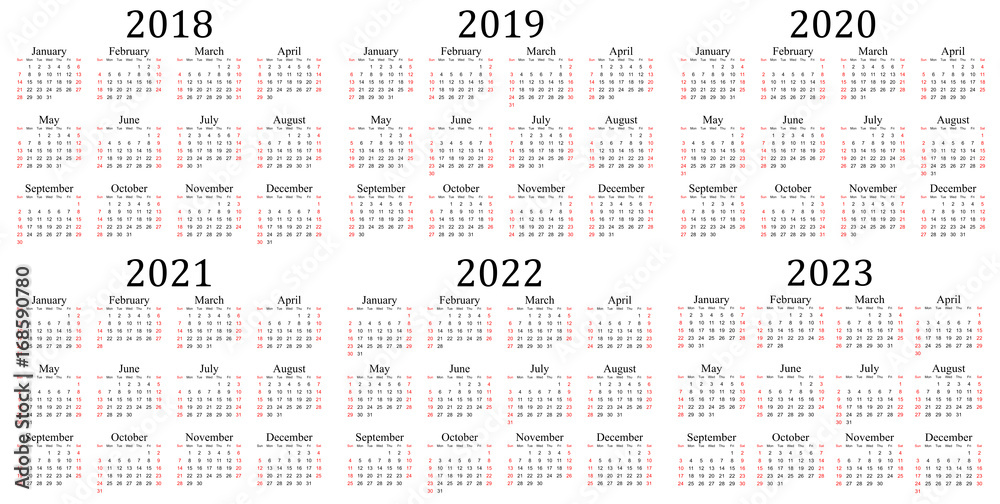 Six year calendar - 2018, 2019, 2020, 2021, 2022 and 2023 in white ...