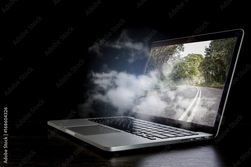 Laptop with picture on screen. Mixed media Stock-Foto | Adobe Stock