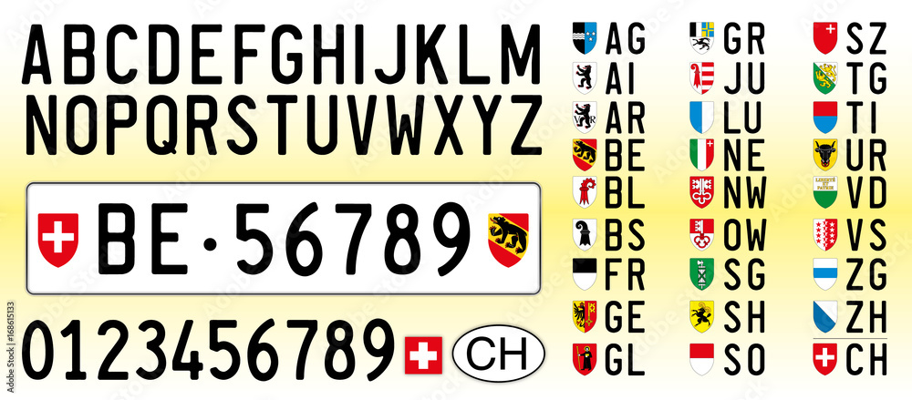 Switzerland car plate, letters, numbers and symbols Stock Vector ...