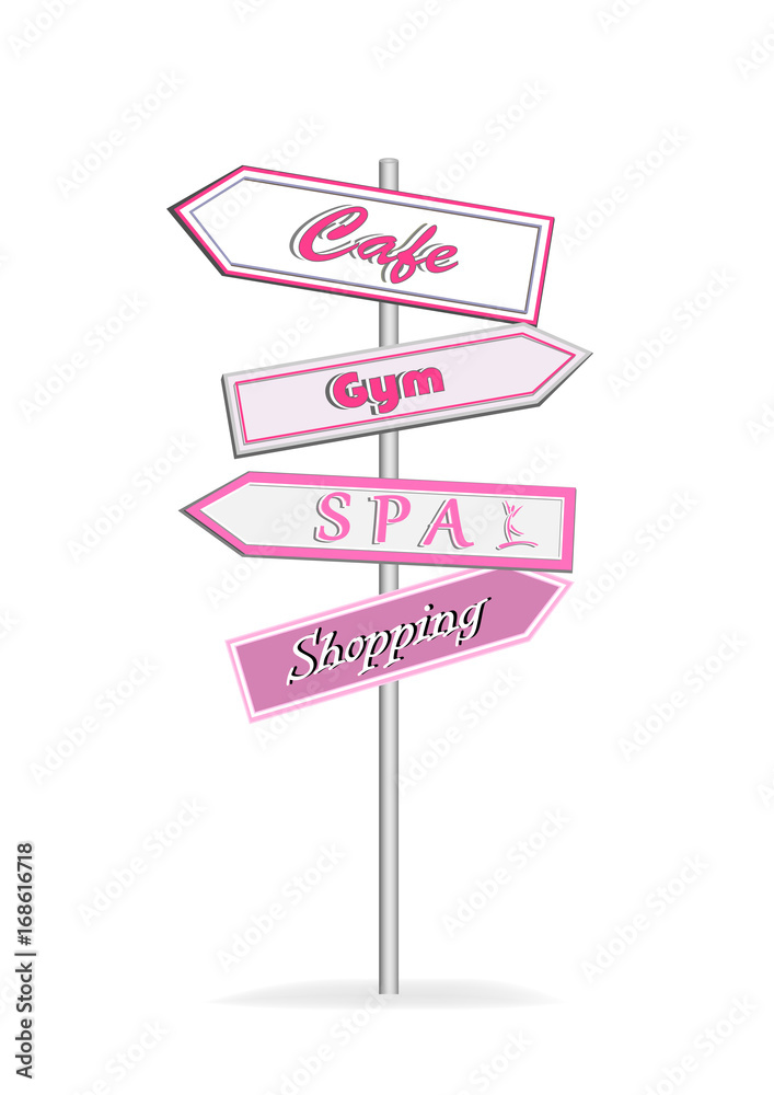 pink road signs Cafe Gym SPA Shopping isolated on white background ...