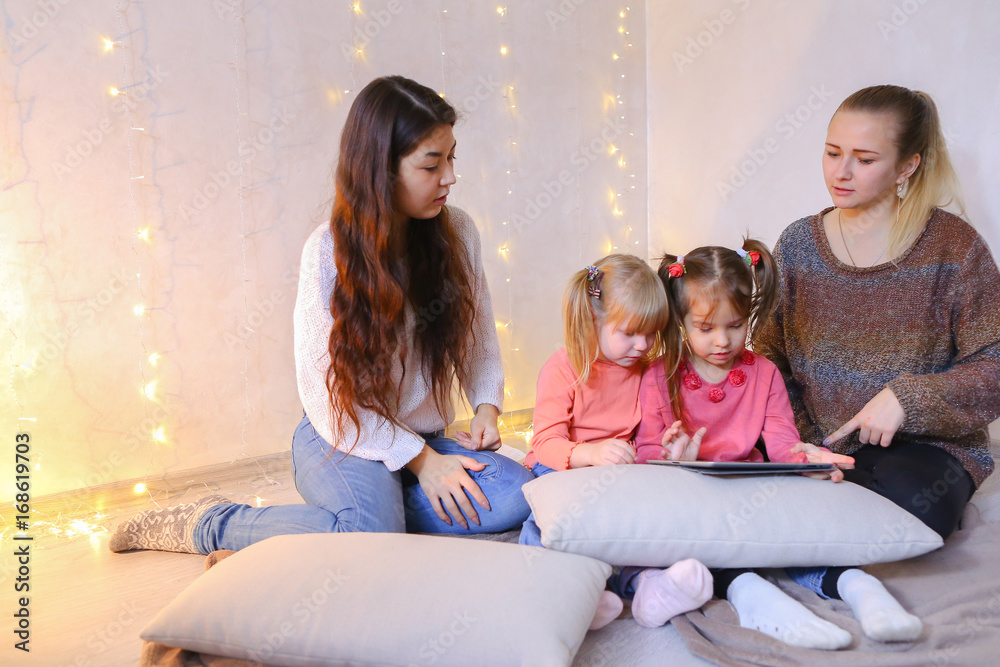 Older women and baby girls four communicate and busy with own af Stock ...