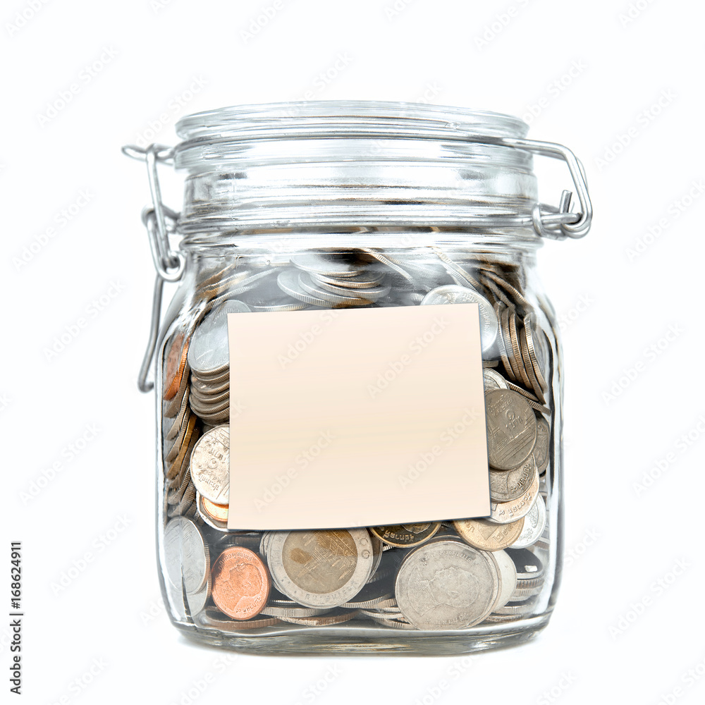 Savings money box coins thai baht with empty brown stick note paper ...