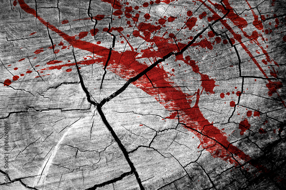 Murder in the forest. Blood splatter on tree stump wood background ...