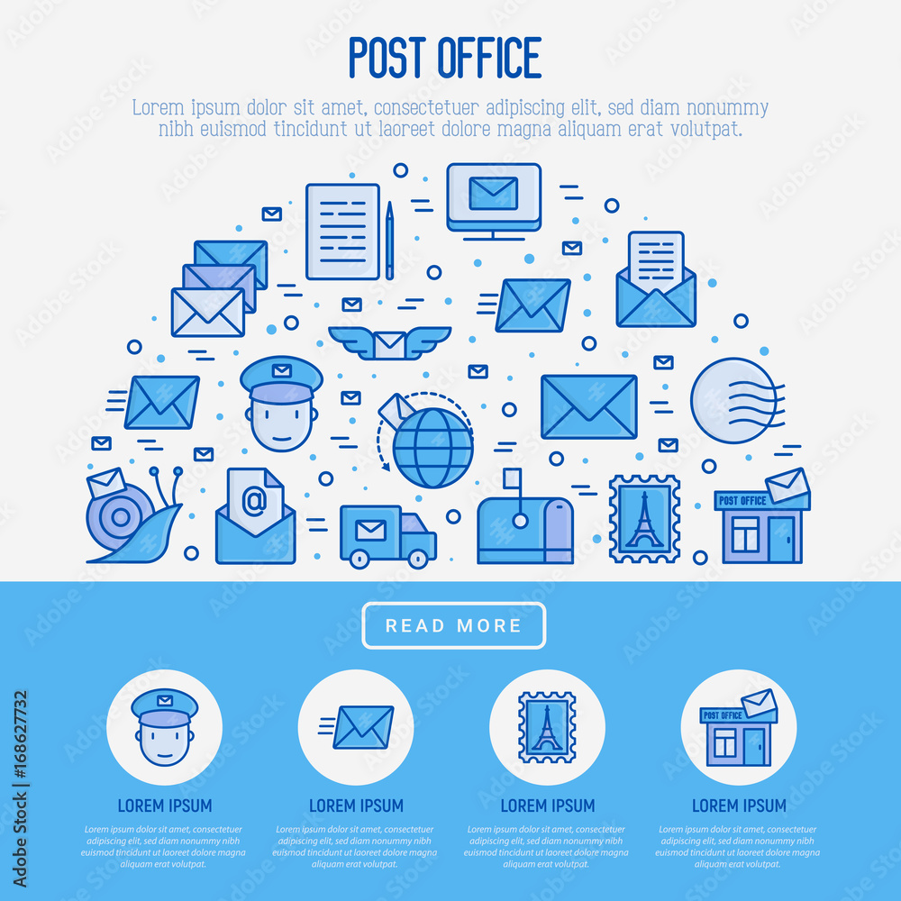 Post office concept in half circle with thin line icons. Symbols of ...