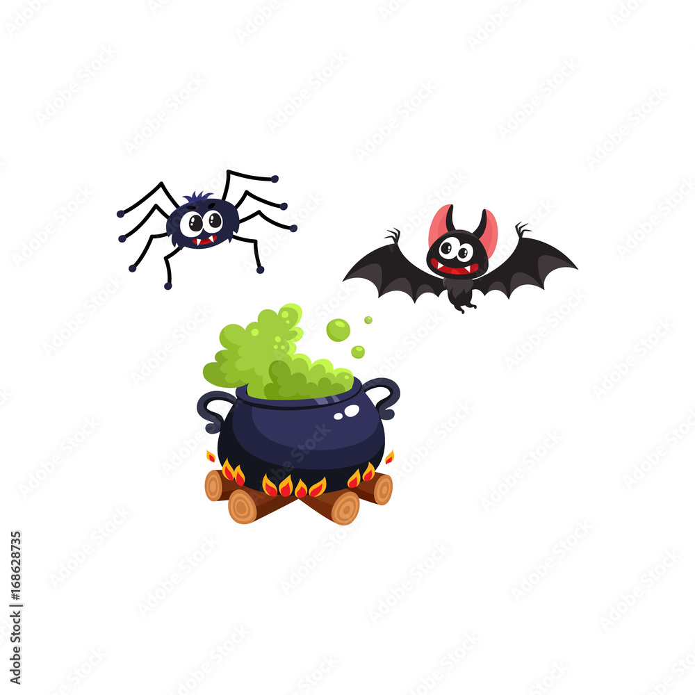 Caldron, bat and spider, traditional Halloween symbols, elements ...